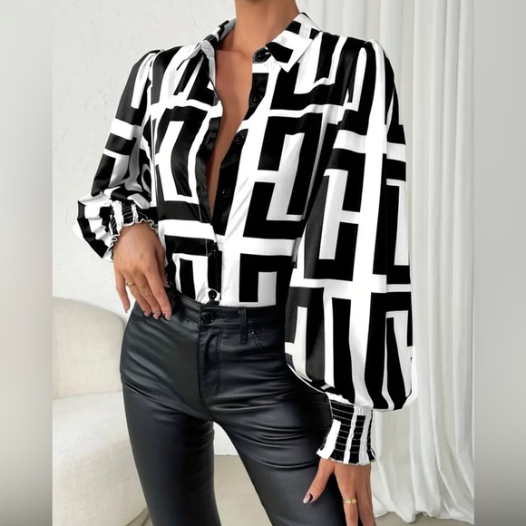 Passion of Essence | Tops | Plus Size Elegant Geometric Shirred Lantern Sleeve Button Up Lapel ...